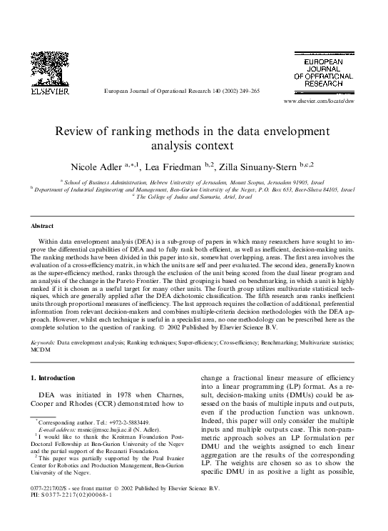 (PDF) Review of ranking methods in the data envelopment analysis context