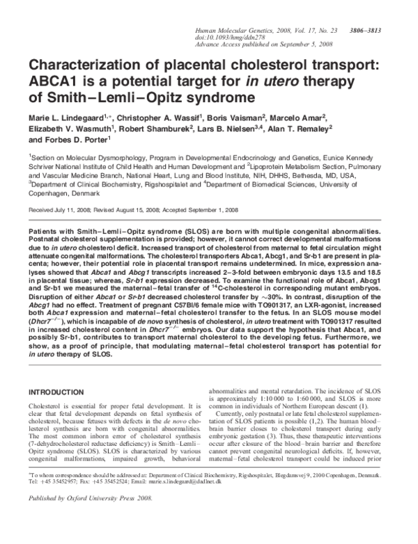 (PDF) Characterization of placental cholesterol transport: ABCA1 is a ...