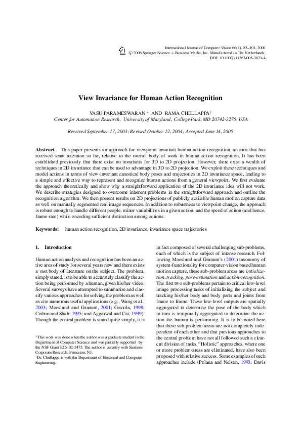 (PDF) View Invariance for Human Action Recognition
