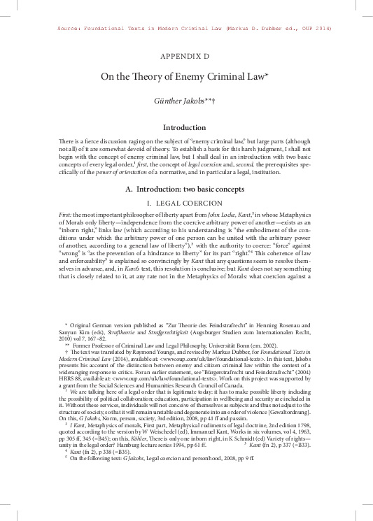 (PDF) Günther Jakobs, On the Theory of Enemy Criminal Law [Zur Theorie ...