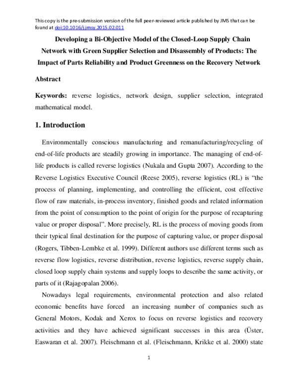 Pdf Developing A Bi Objective Model Of The Closed Loop Supply Chain