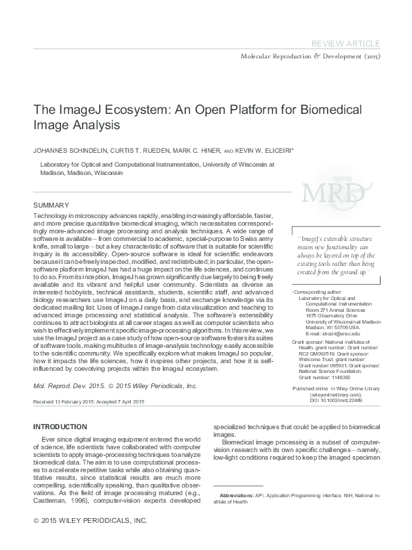 (PDF) The ImageJ ecosystem: An open platform for biomedical image analysis
