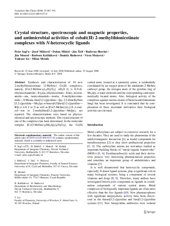 (PDF) Crystal structure, spectroscopic and magnetic properties, and antimicrobial activities of ...