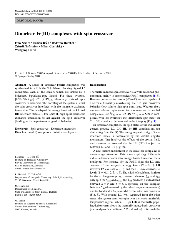 (PDF) Dinuclear Fe(III) complexes with spin crossover
