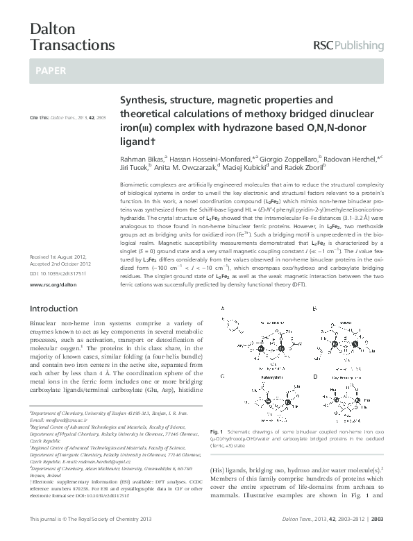 (PDF) Synthesis, structure, magnetic properties and theoretical calculations of methoxy bridged ...