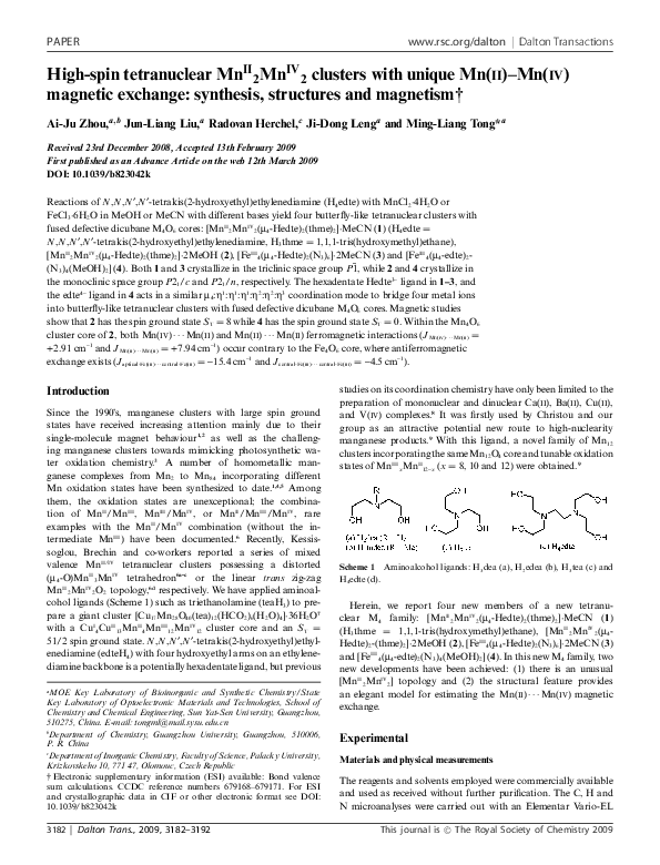 (PDF) High-spin tetranuclear MnII2MnIV2 clusters with unique Mn(ii)–Mn(iv) magnetic exchange ...