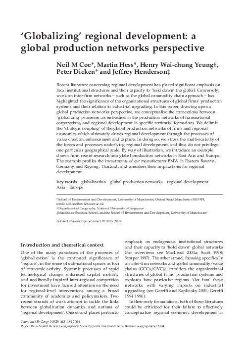 (PDF) Globalizing' regional development: a global production networks ...
