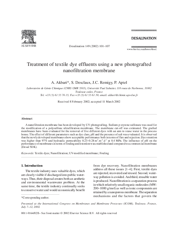 (PDF) Treatment of textile dye effluents using a new photografted nanofiltration membrane