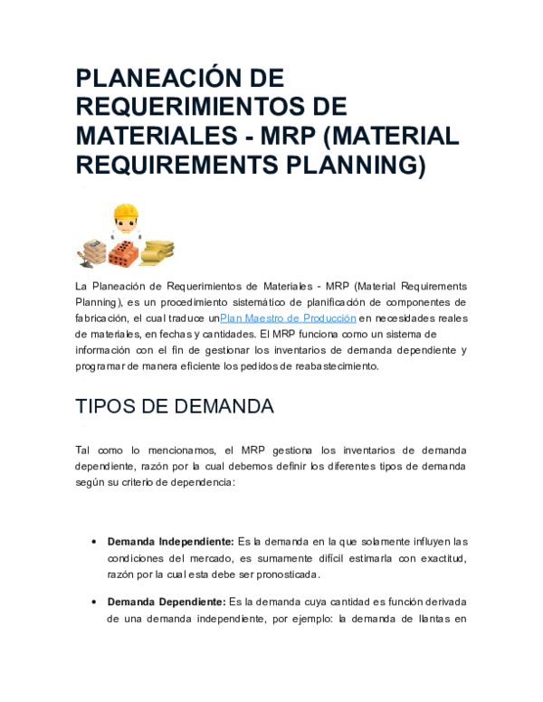 (DOC) PLANEACIÓN DE REQUERIMIENTOS DE MATERIALES -MRP (MATERIAL REQUIREMENTS PLANNING
