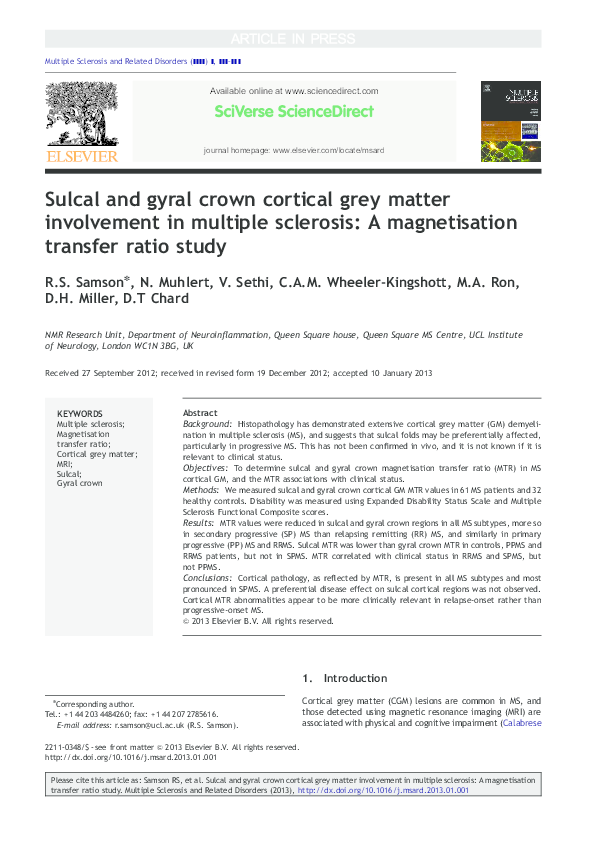 (PDF) Sulcal and gyral crown cortical grey matter involvement in ...