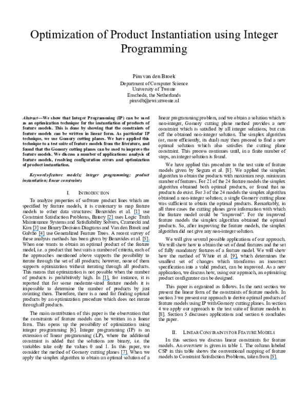 (PDF) Optimization of Product Instantiation using Integer Programming