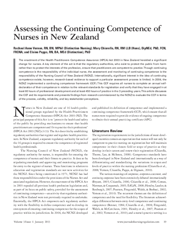 (PDF) Assessing the Continuing Competence of Nurses in New Zealand