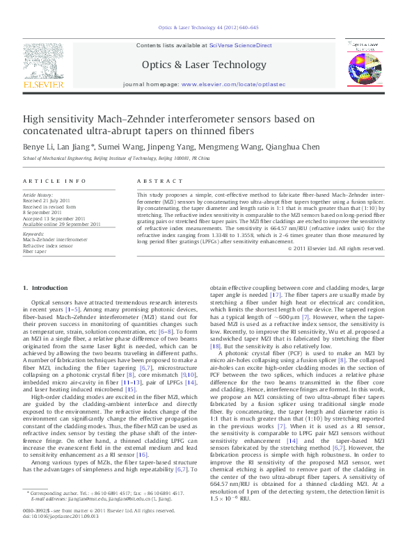 Pdf High Sensitivity Mzi Sensors With Fiber Tapers