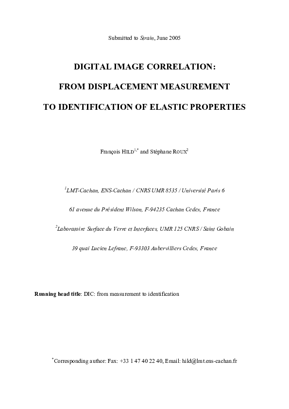 (PDF) Digital Image Correlation: from Displacement Measurement to Identification of Elastic ...
