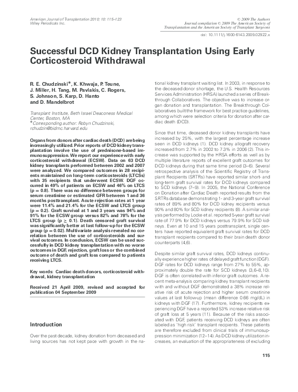 Successful DCD Kidney Transplantation Using Early Corticosteroid Withdrawal