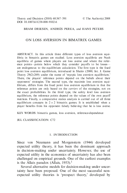 (PDF) On Loss Aversion in Bimatrix Games