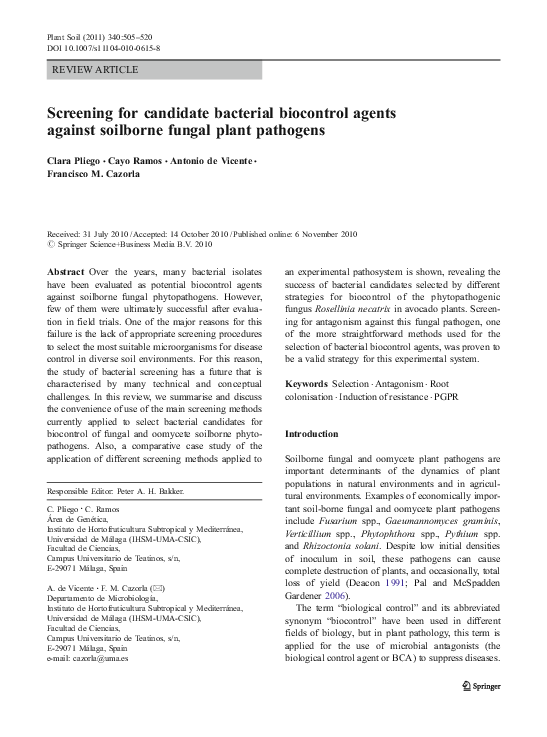 (PDF) Screening for candidate bacterial biocontrol agents against soilborne fungal plant pathogens