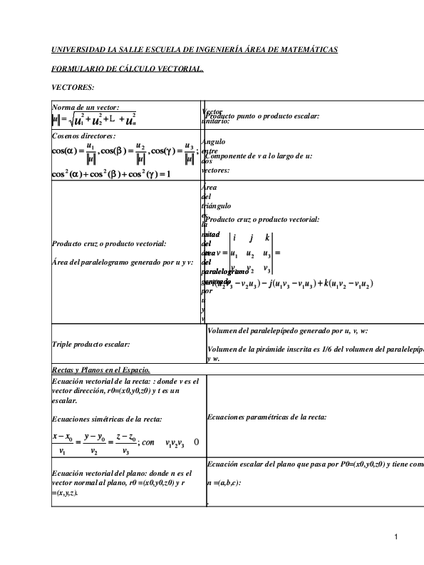 (PDF) FORMULARIO DE CALCULO VECTORIAL