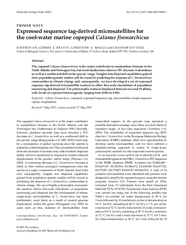 (PDF) Expressed sequence tag-derived microsatellite markers for the zhikong scallop (Chlamys ...