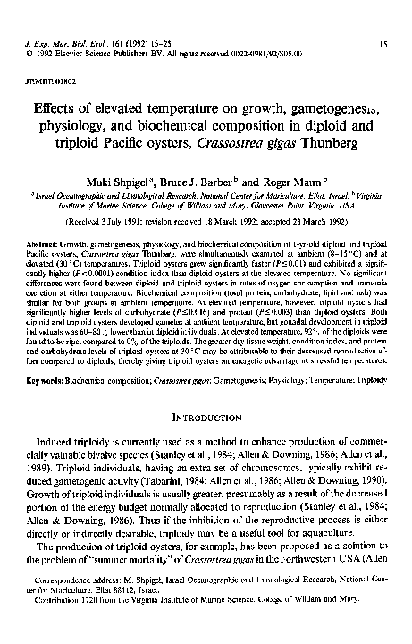 (PDF) Effects of elevated temperature on growth, gametogenesis, physiology, and biochemical ...