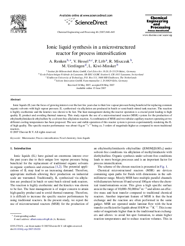 (PDF) Ionic liquid synthesis in a microstructured reactor for process intensification