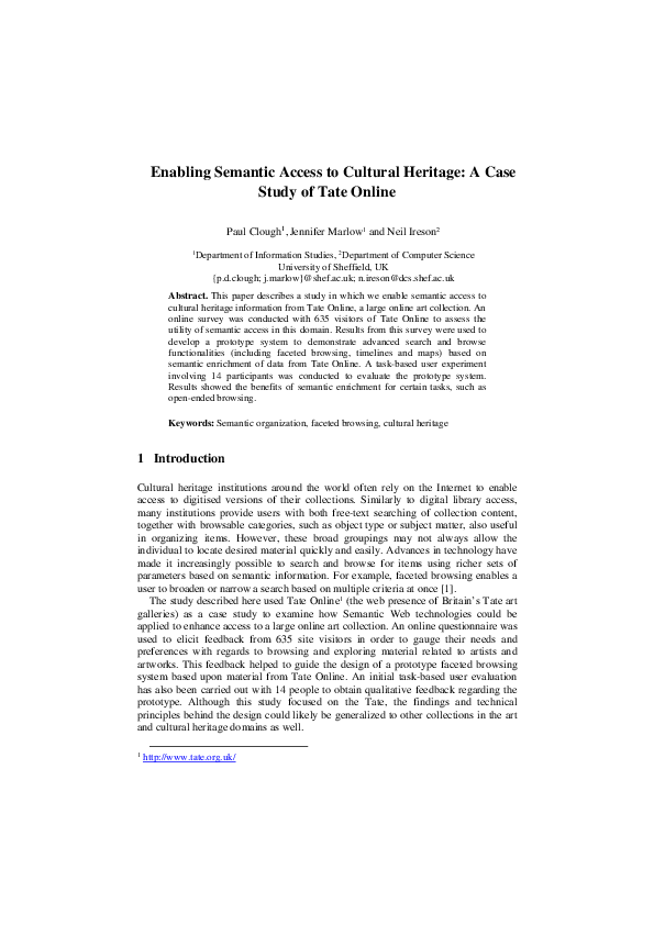 (PDF) Enabling semantic access to cultural heritage: A case study of tate online