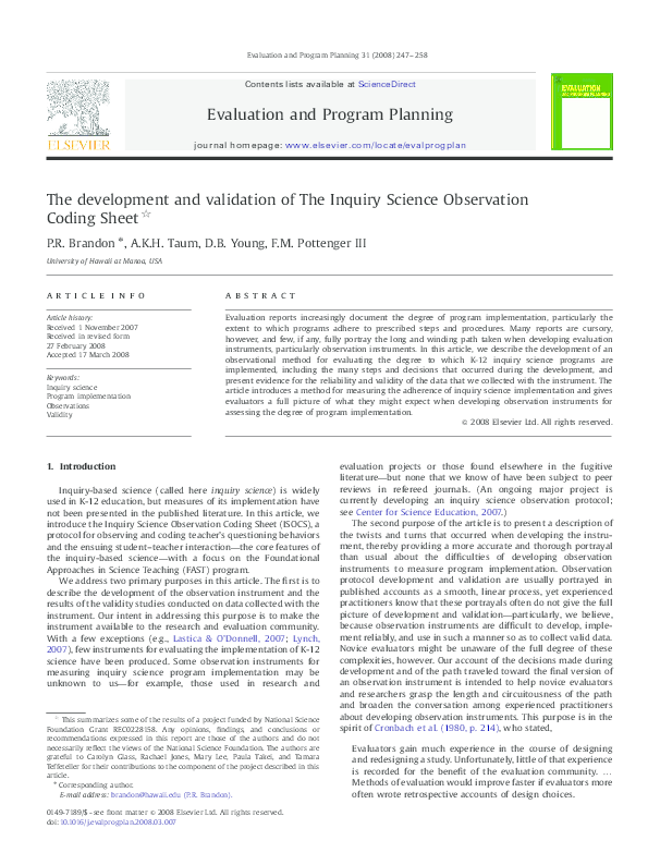 (PDF) The development and validation of The Inquiry Science Observation ...
