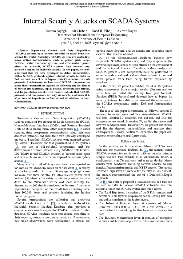 (PDF) Internal security attacks on SCADA systems