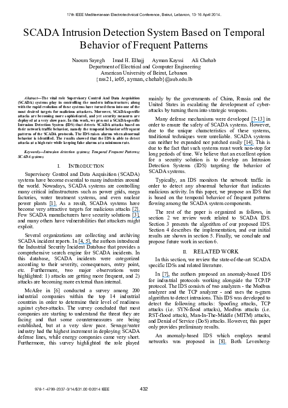 Pdf Scada Intrusion Detection System Based On Temporal Behavior Of Frequent Patterns Ali