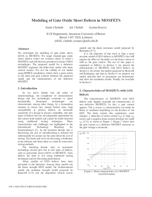 (PDF) Modeling of gate oxide short defects in MOSFETS | Ali Chehab and ...