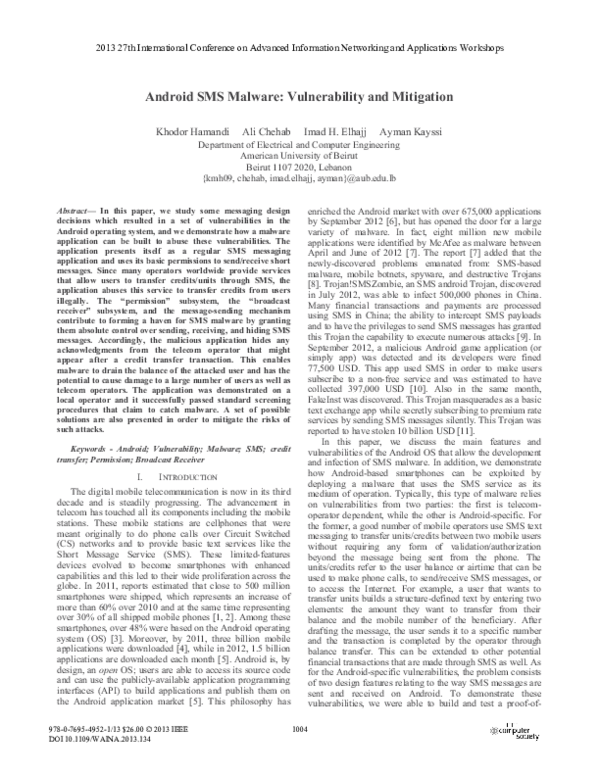 Pdf Android Sms Malware Vulnerability And Mitigation
