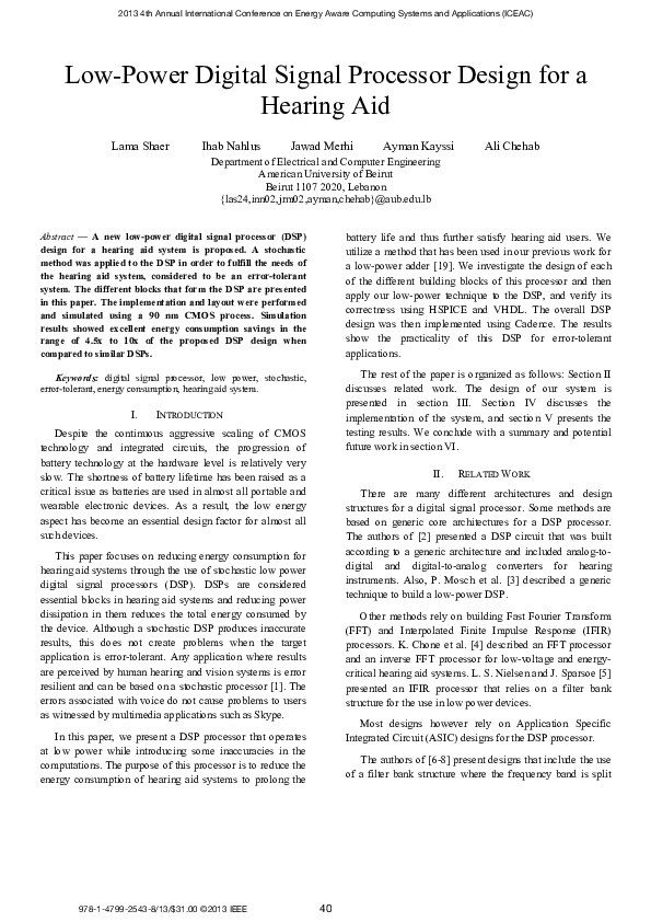 (PDF) Low-Power Digital Signal Processor Design for a Hearing Aid