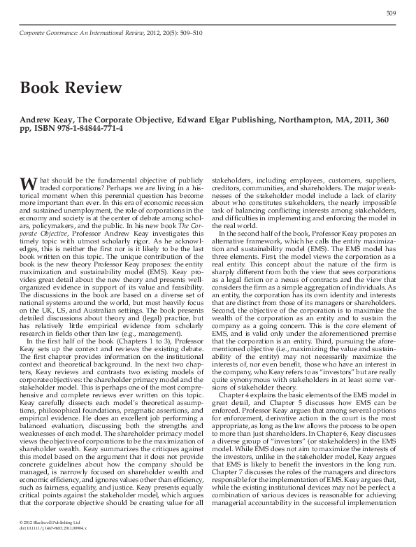 (PDF) The Corporate Objective - By Andrew Keay