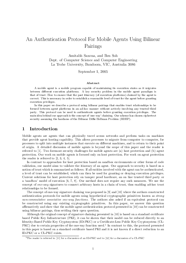 Pdf An Authentication Protocol For Mobile Agents Using Bilinear Pairings
