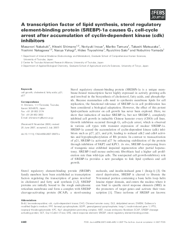 (PDF) A transcription factor of lipid synthesis, sterol regulatory element-binding protein ...