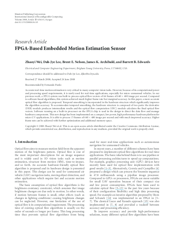 Pdf Fpga Based Embedded Motion Estimation Sensor