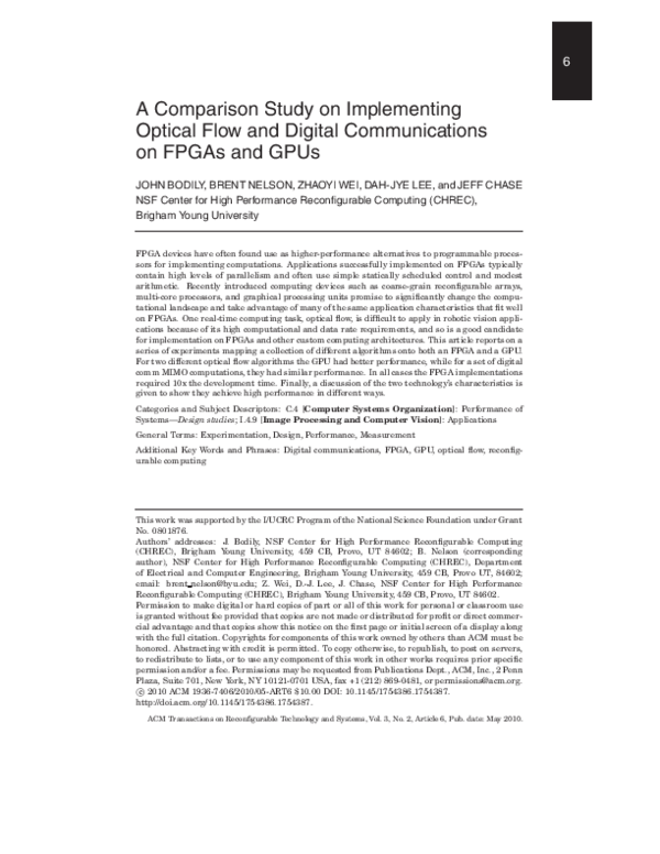 (PDF) A Comparison Study on Implementing Optical Flow and Digital Communications on FPGAs and GPUs