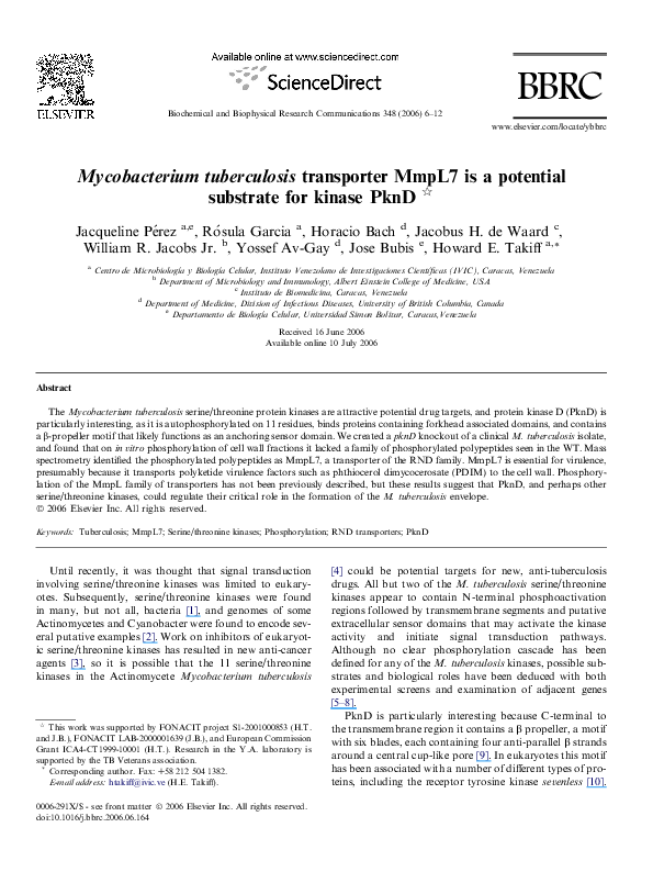 (PDF) Mycobacterium tuberculosis transporter MmpL7 is a potential ...