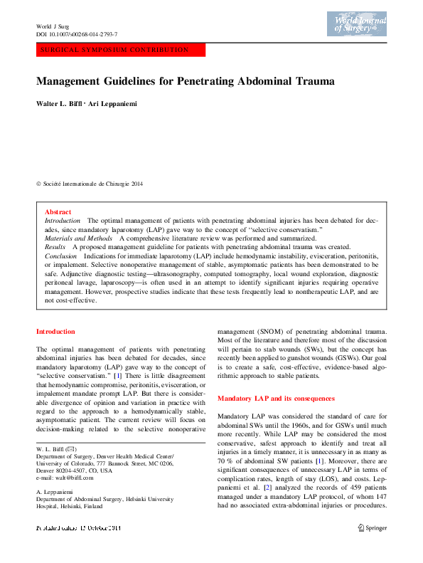 (PDF) Management guidelines for penetrating abdominal trauma
