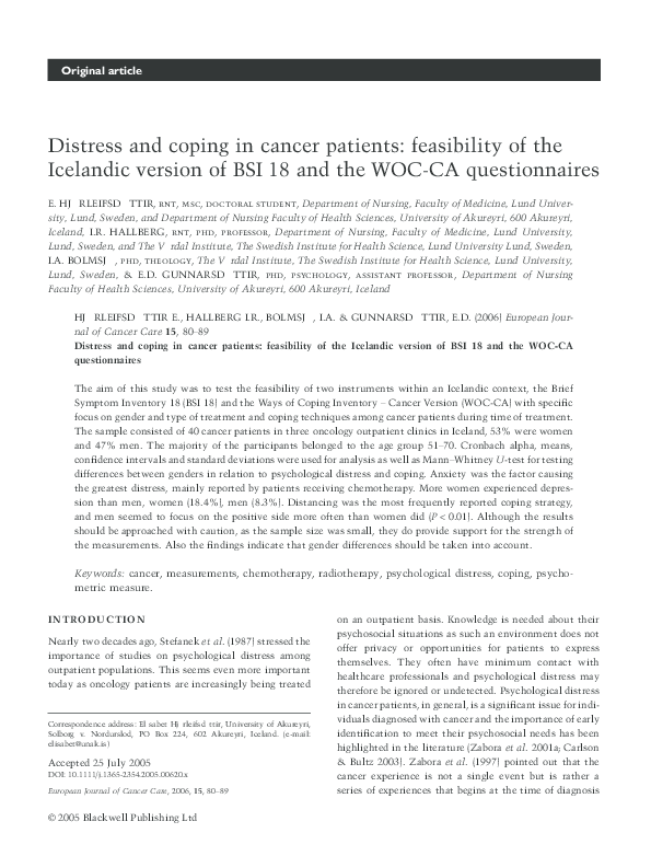 (PDF) Distress and coping in cancer patients: feasibility of the ...