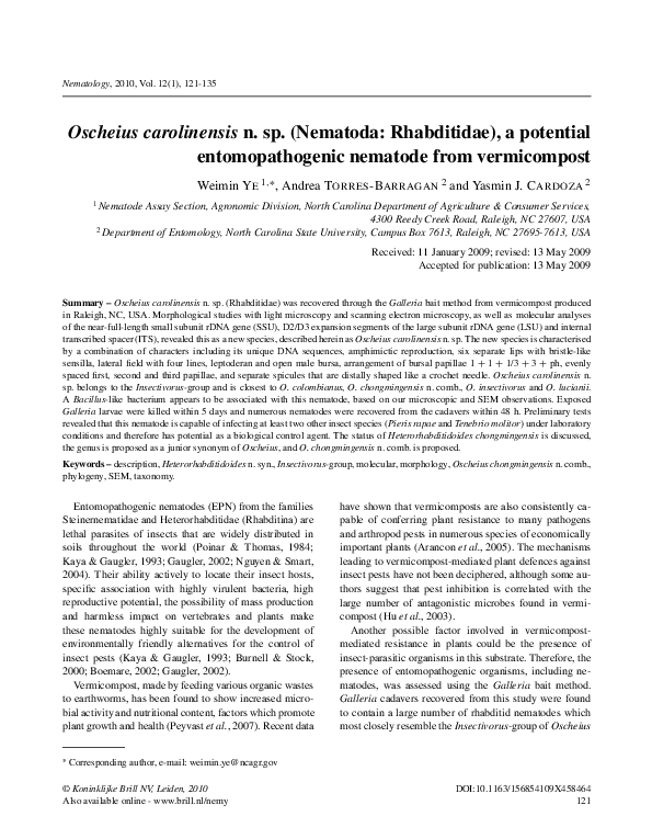 (PDF) Oscheius carolinensis n. sp. (Nematoda: Rhabditidae), a potential ...
