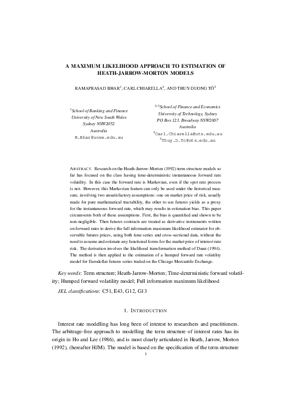 (PDF) A Maximum Likelihood Approach to Estimation of Heath-Jarrow-Morton Models