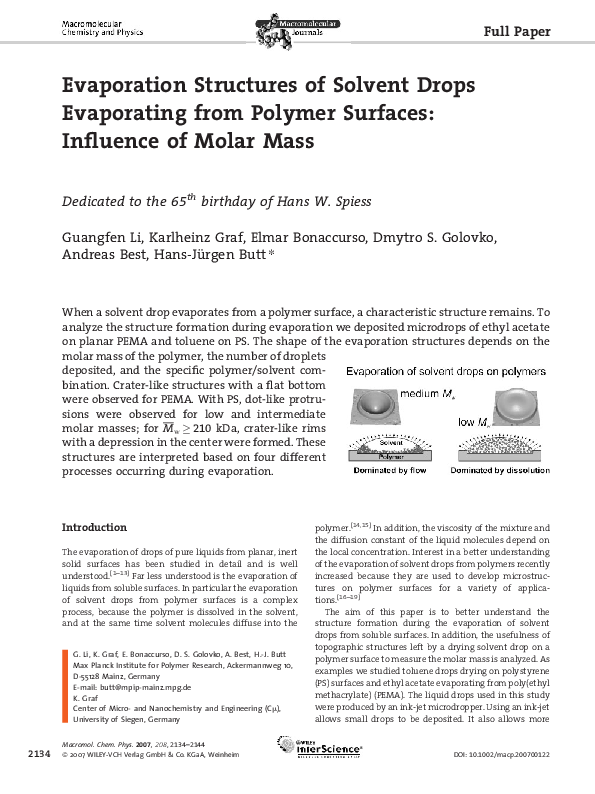 (PDF) Evaporation Structures of Solvent Drops Evaporating from Polymer ...