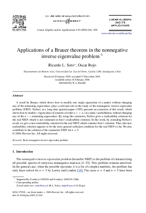 (PDF) Applications of a Brauer theorem in the nonnegative inverse eigenvalue problem