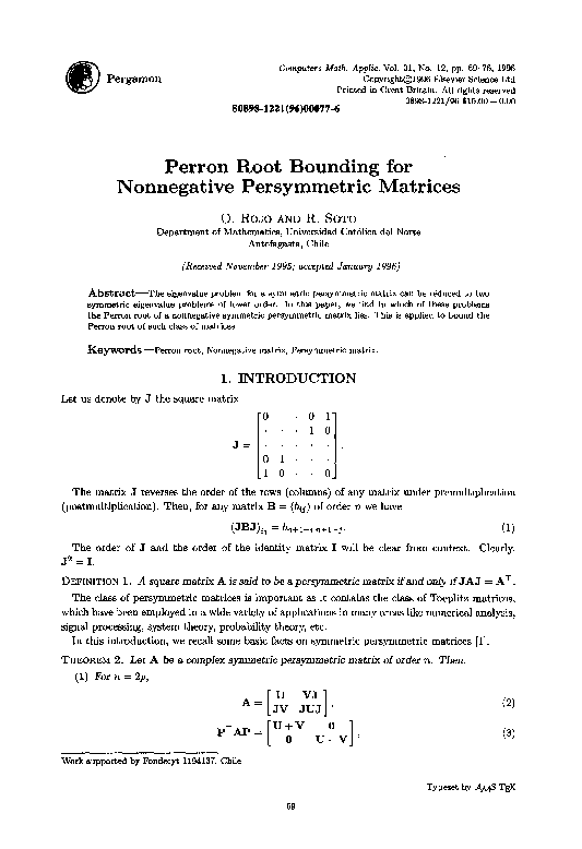 (PDF) Perron root bounding for nonnegative persymmetric matrices