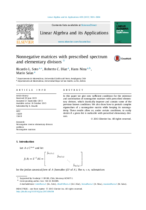(PDF) Nonnegative matrices with prescribed spectrum and elementary divisors