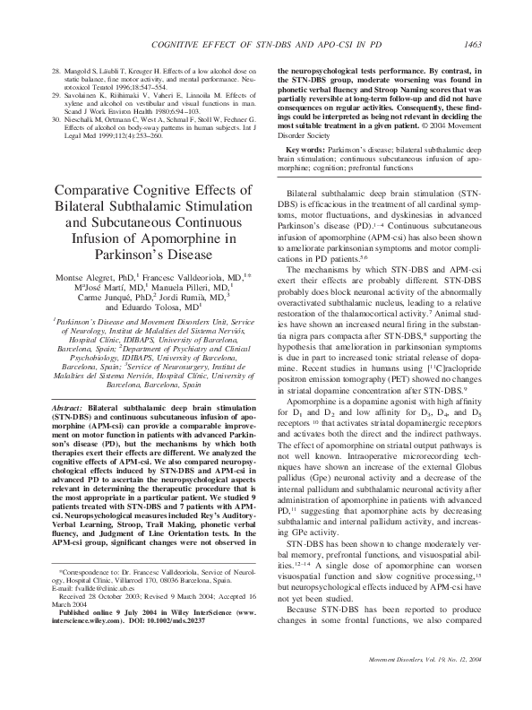 (PDF) Comparative cognitive effects of bilateral subthalamic ...