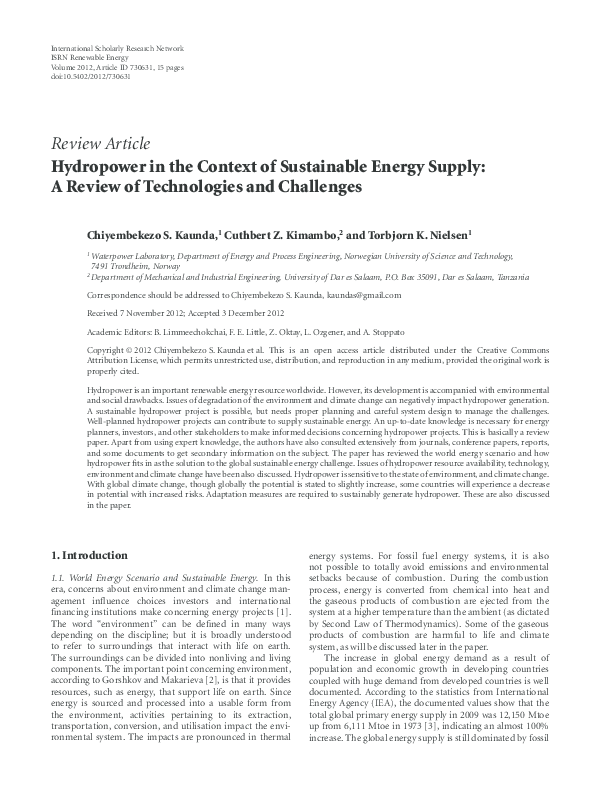 (PDF) Hydropower in the Context of Sustainable Energy Supply: A Review ...
