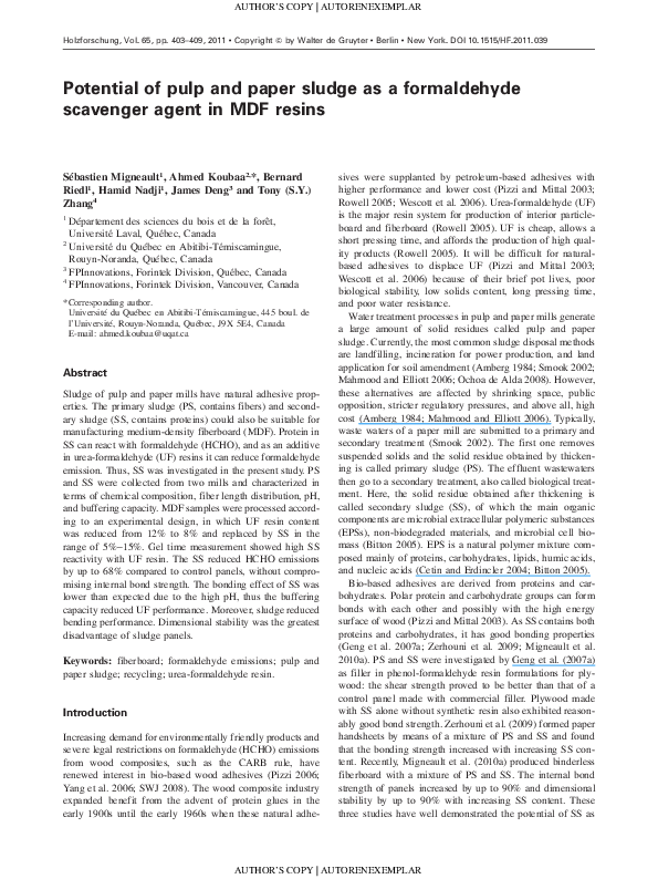 (PDF) Potential of pulp and paper sludge as a formaldehyde scavenger ...