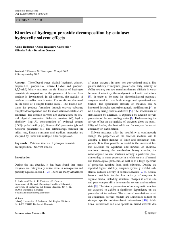 (PDF) Kinetics of hydrogen peroxide decomposition by catalase ...